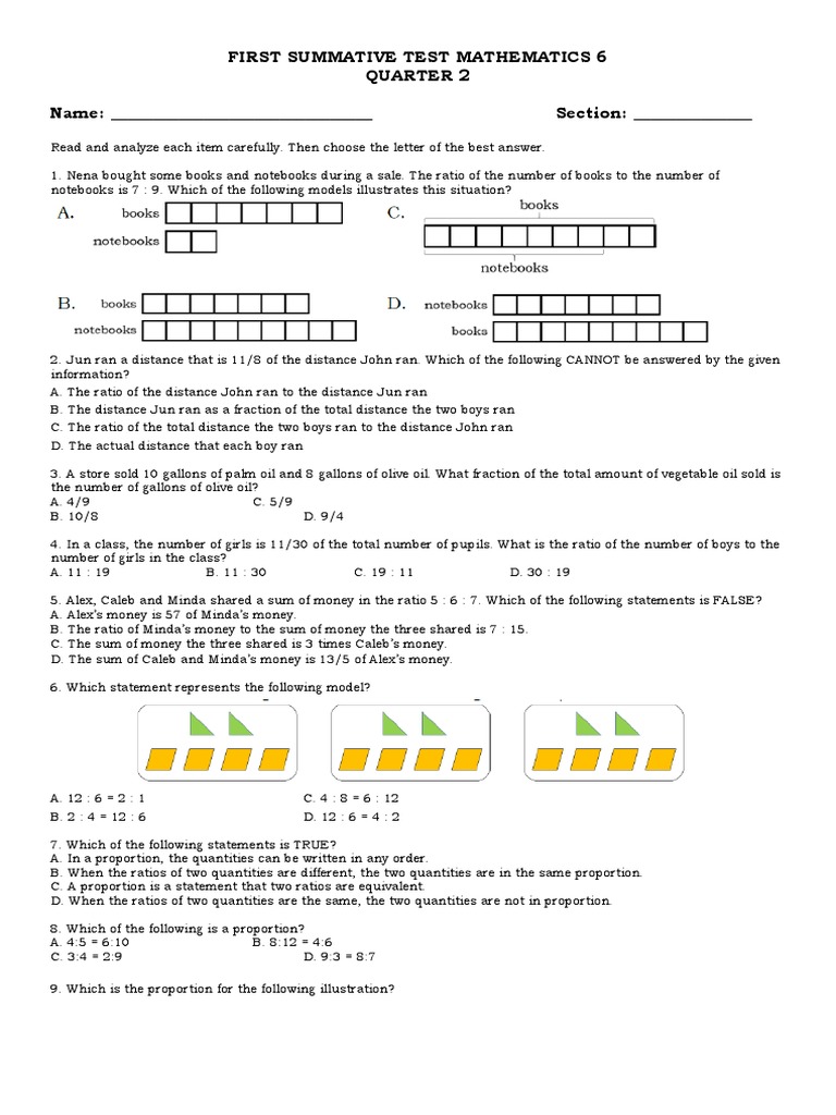Grade 6 Math: Ratio & Proportion Test | PDF | Ratio | Mathematics