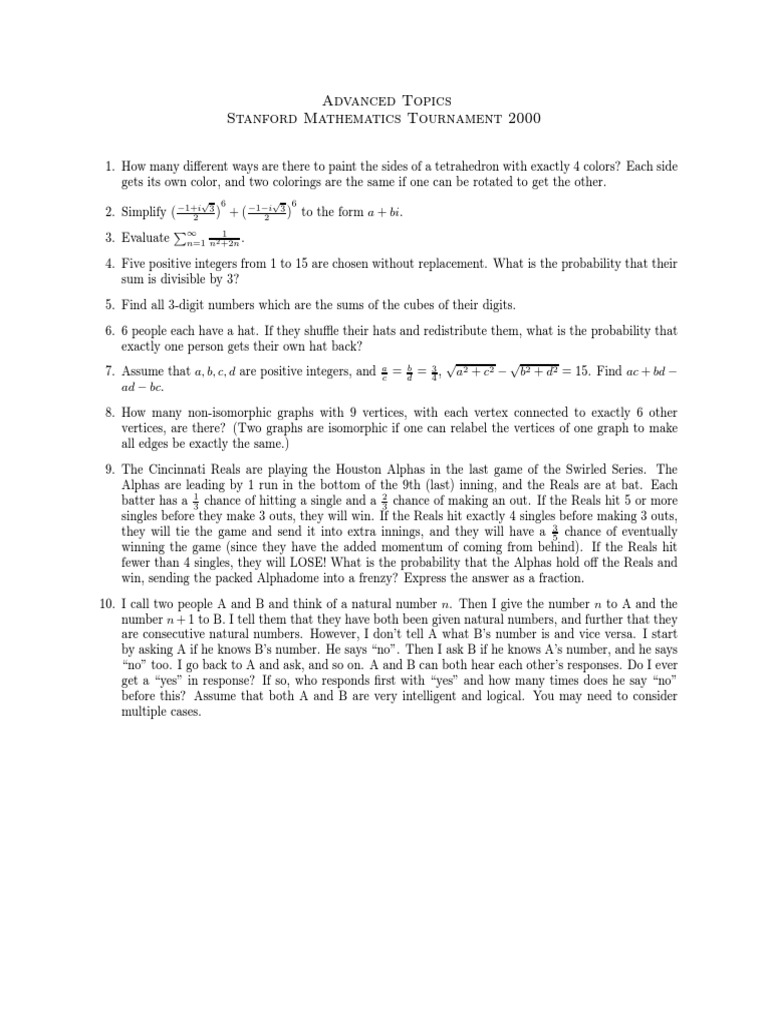 Stanford Math Tournament 2000 Problems | PDF | Area | Triangle