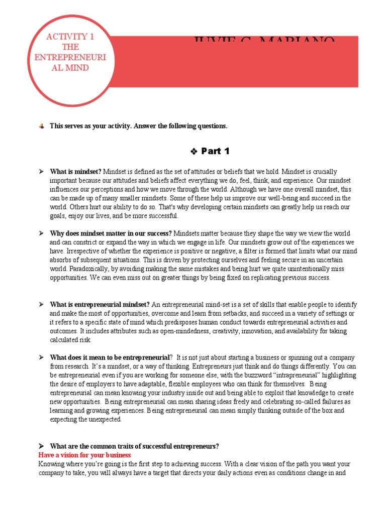 Prelim Activity | PDF | Entrepreneurship | Mindset Prelim Activity | PDF | Entrepreneurship | Mindset