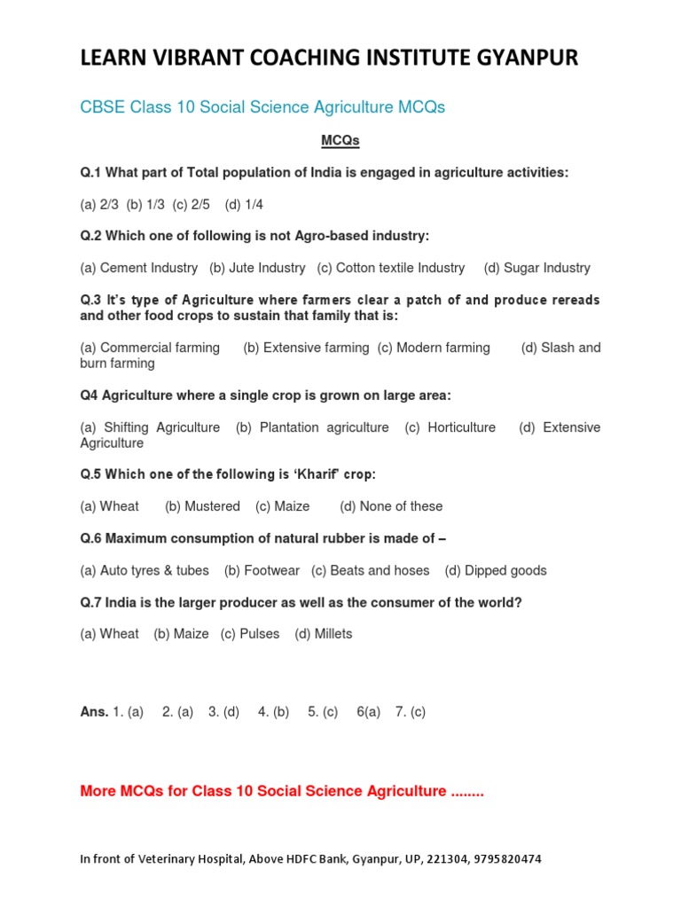 CBSE Class 10 Social Science Agriculture MCQs | PDF | Agriculture | Crops