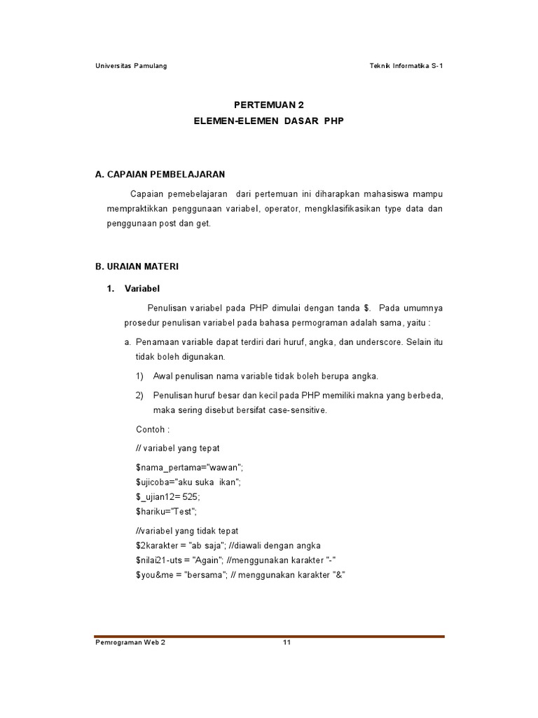 TPL0373 - Pertemuan Ke-2 - Elemen-Elemen Dasar PHP | PDF