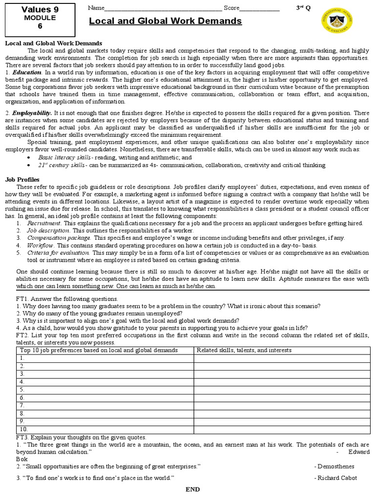 Module 6 - Local and Global Work Demands | PDF | Employment | Business