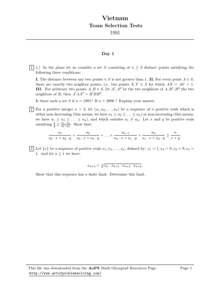 Vietnam: Team Selection Tests 1991 | PDF | Sequence | Discrete Mathematics