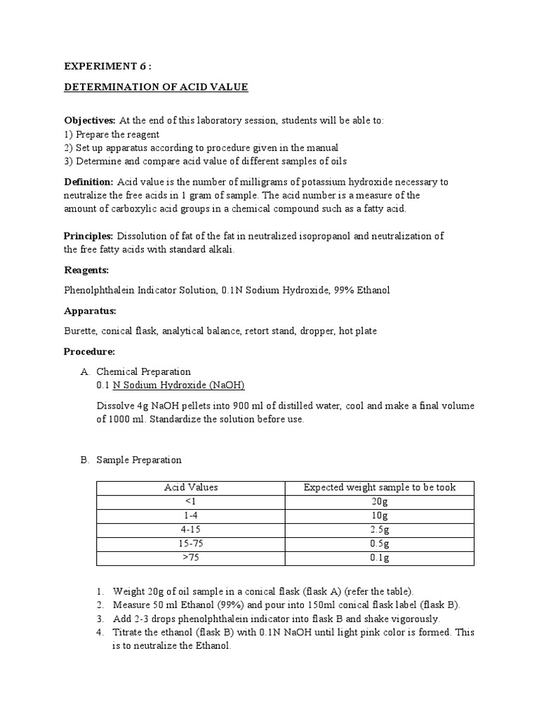 Experiment 6 - Determination of Acid Value | PDF | Titration | Chemistry