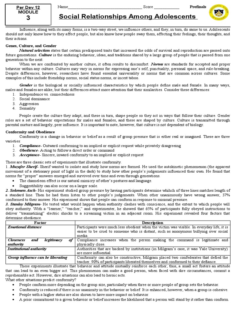 Module 3 - Social Relationships Among Adolescents | PDF | Conformity | Obedience (Human Behavior)