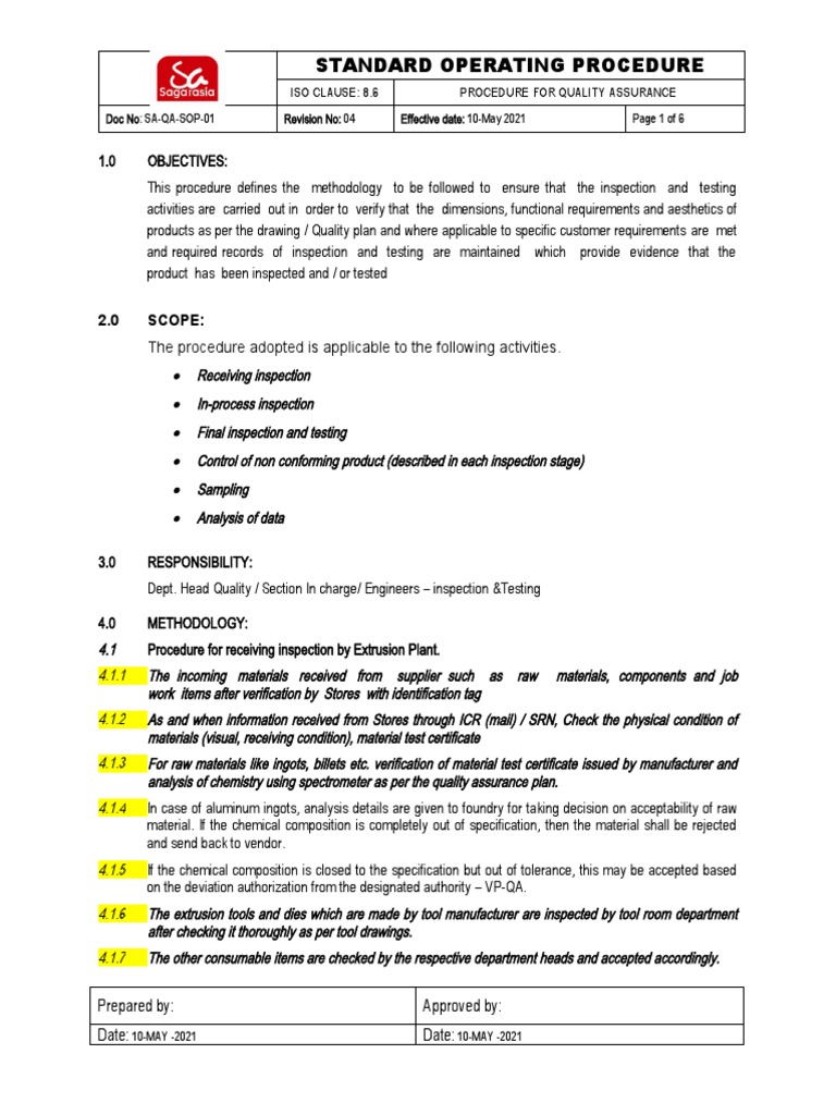 SA-QA-SOP-01 Rev 3 SOP For Quality Assurance 01 Oct 20 New | PDF ...