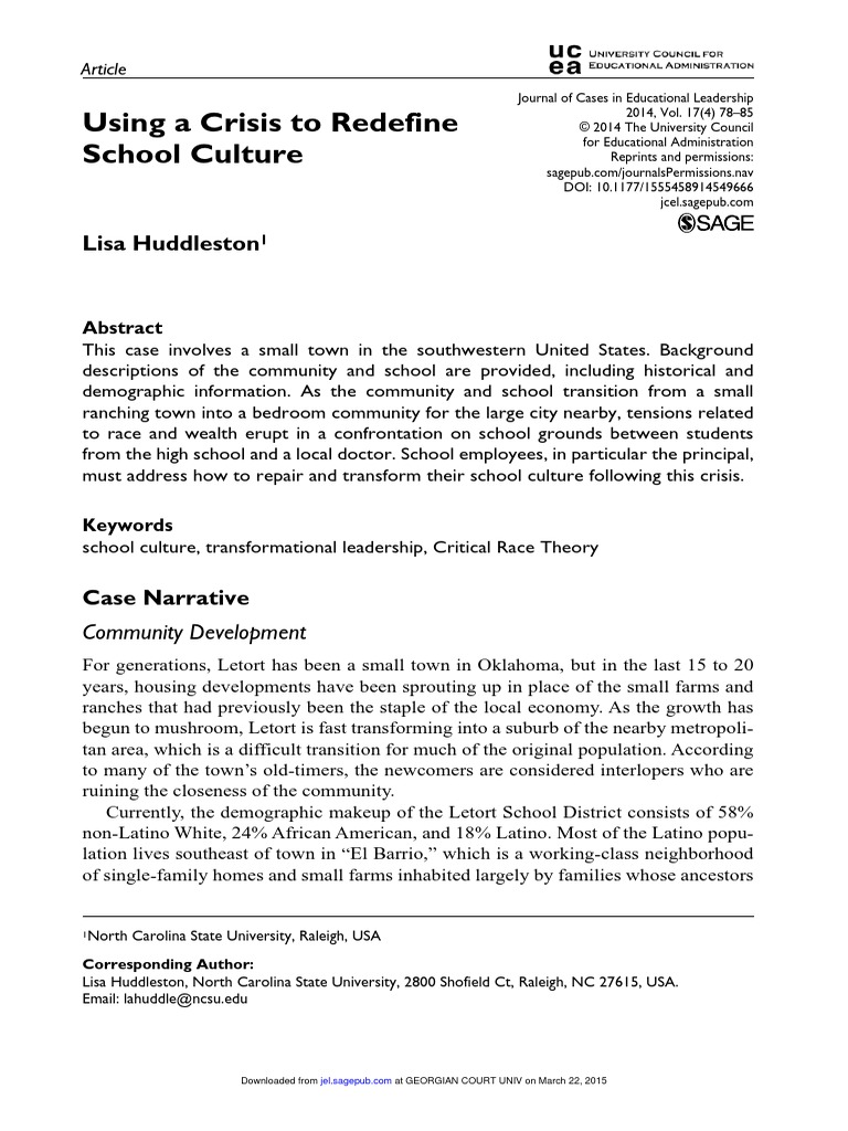 Huddleston2014 - Using A Crisis To Redefine School Culture | PDF ...