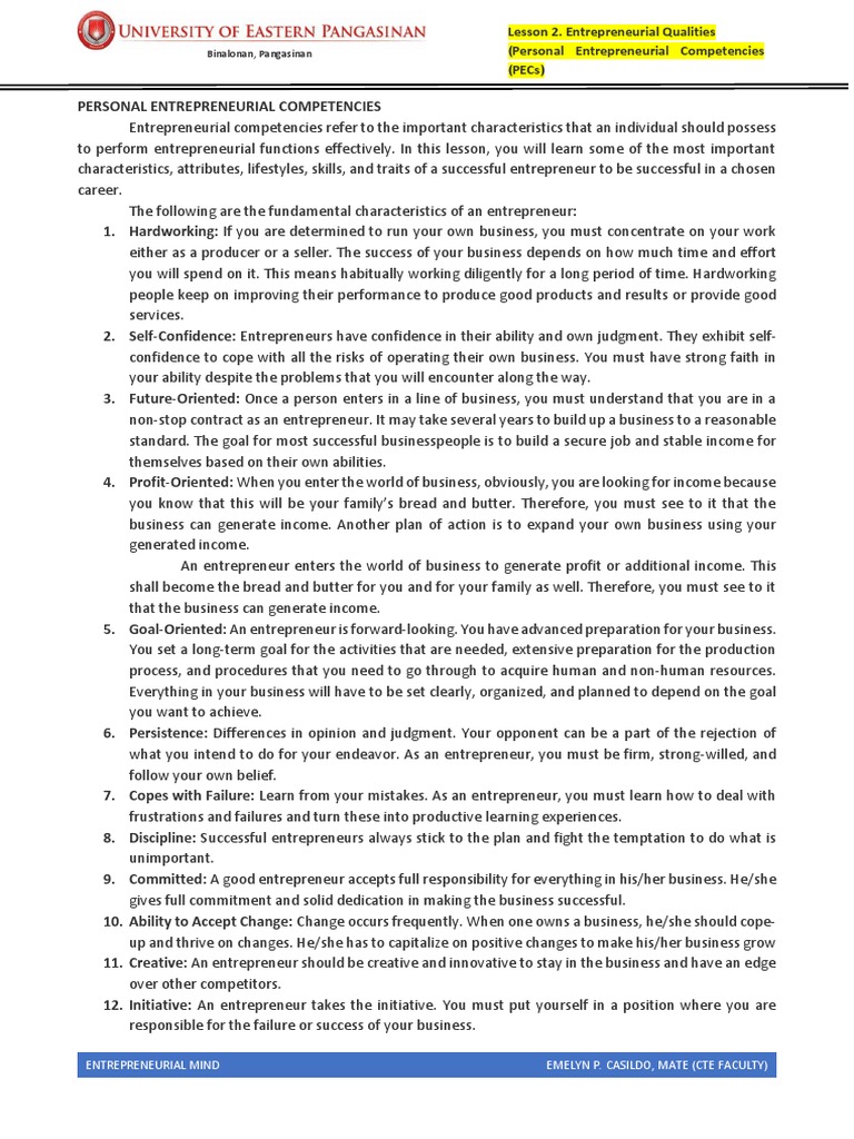 Lesson 2. Entrepreneurial Qualities | PDF | Entrepreneurship | Goal