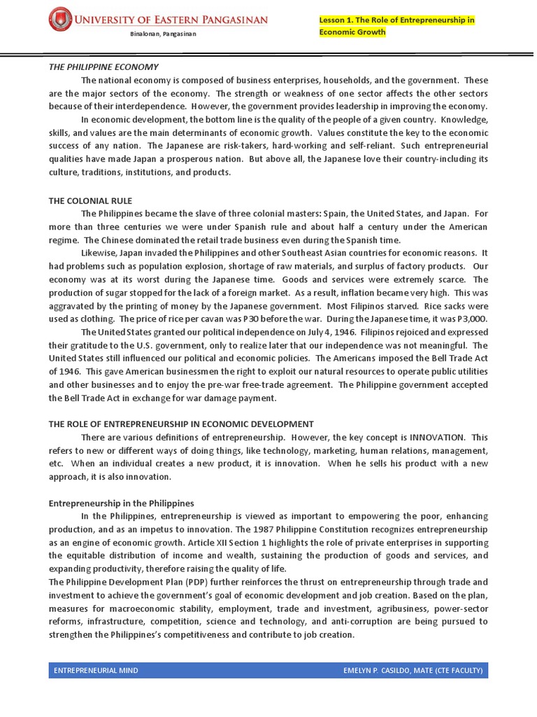 Lesson 1. The Role of Entrepreneurship in Economic Growth 1 | Download ...