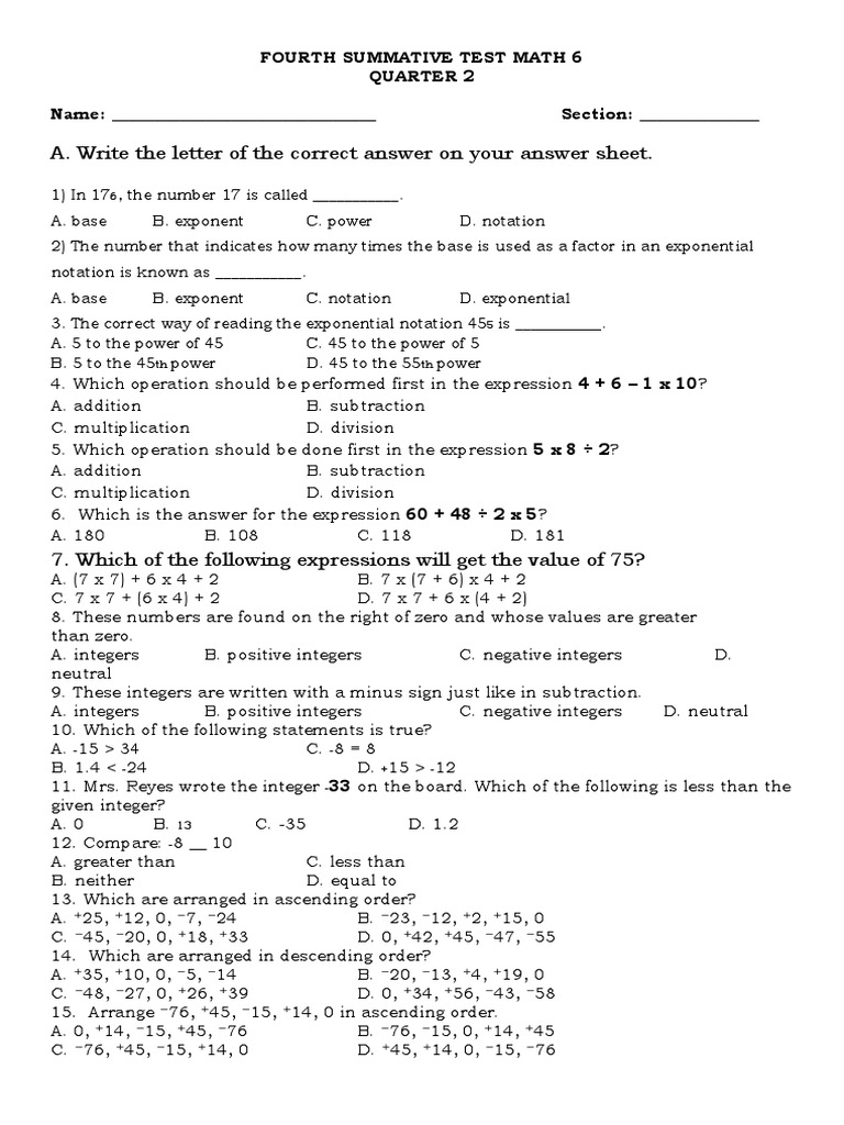 Fourth Summative Test in Math 6 | PDF | Exponentiation | Multiplication