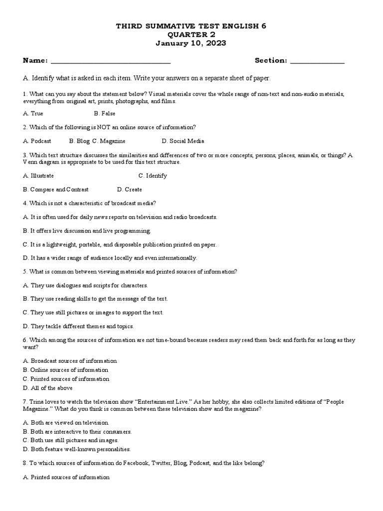 Third Summative Test in English 6 | PDF | Television | Advertising