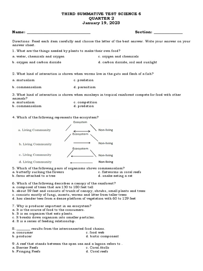 Science 6 Third Summative Test Q2 | PDF | Coral Reef | Trees