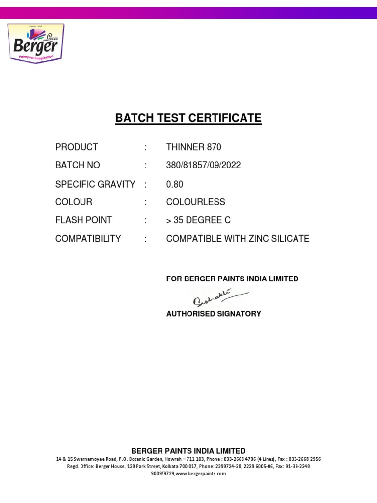 Batch Test Certificate for Thinner 870 | PDF