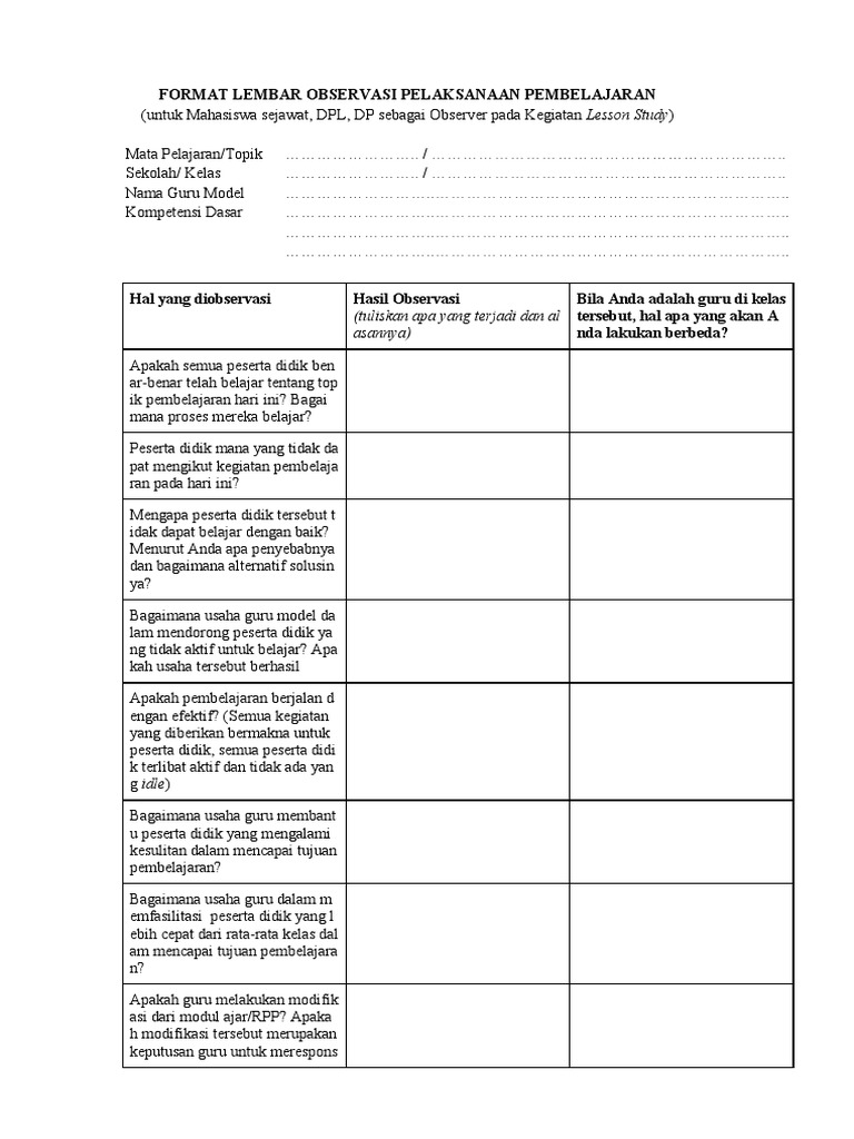 LAMPIRAN 13 - Format Lembar Observasi Pelaksanaan Pembelajaran Untuk Observer | PDF