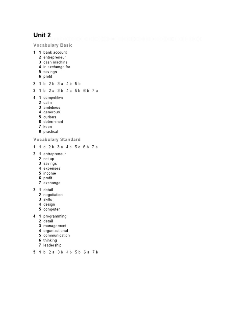 Key To Worksheets Vocabulary and Grammar Unit 2 | PDF