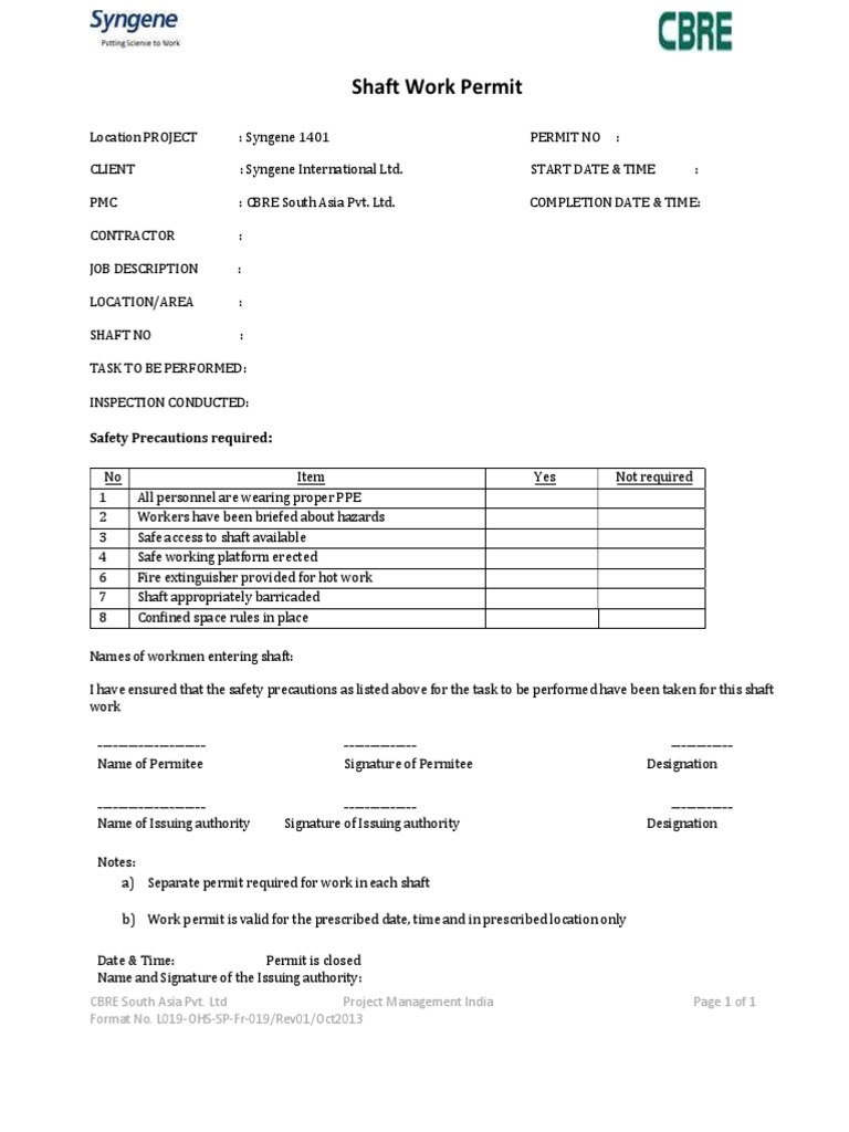 L019 - OHSE Shaft Work Permit Format | PDF