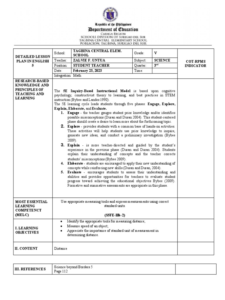 SCIENCE 5e's Lesson Plan About Distance | PDF | Learning | Teachers