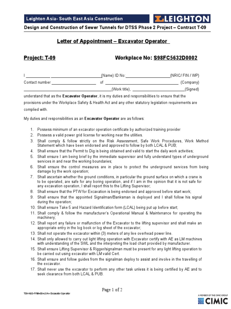 LOA - Excavator Operator | PDF | Safety