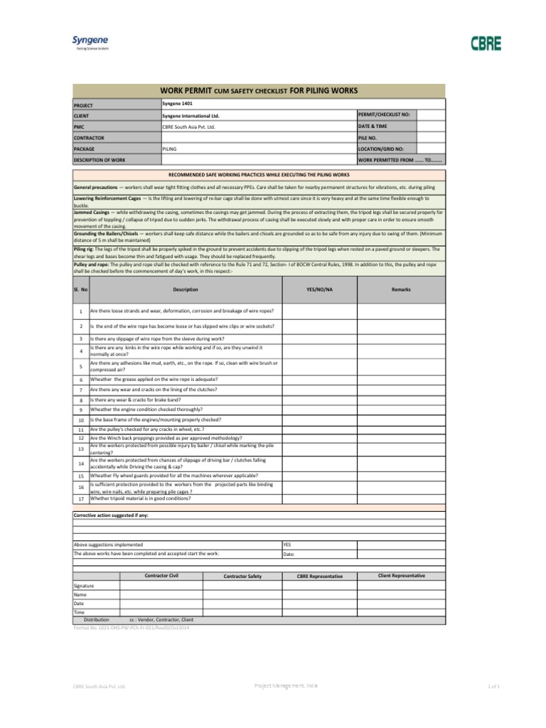 L021 - OHSE Piling Work Permit Cum Checklist Format | PDF | Wire | Rope