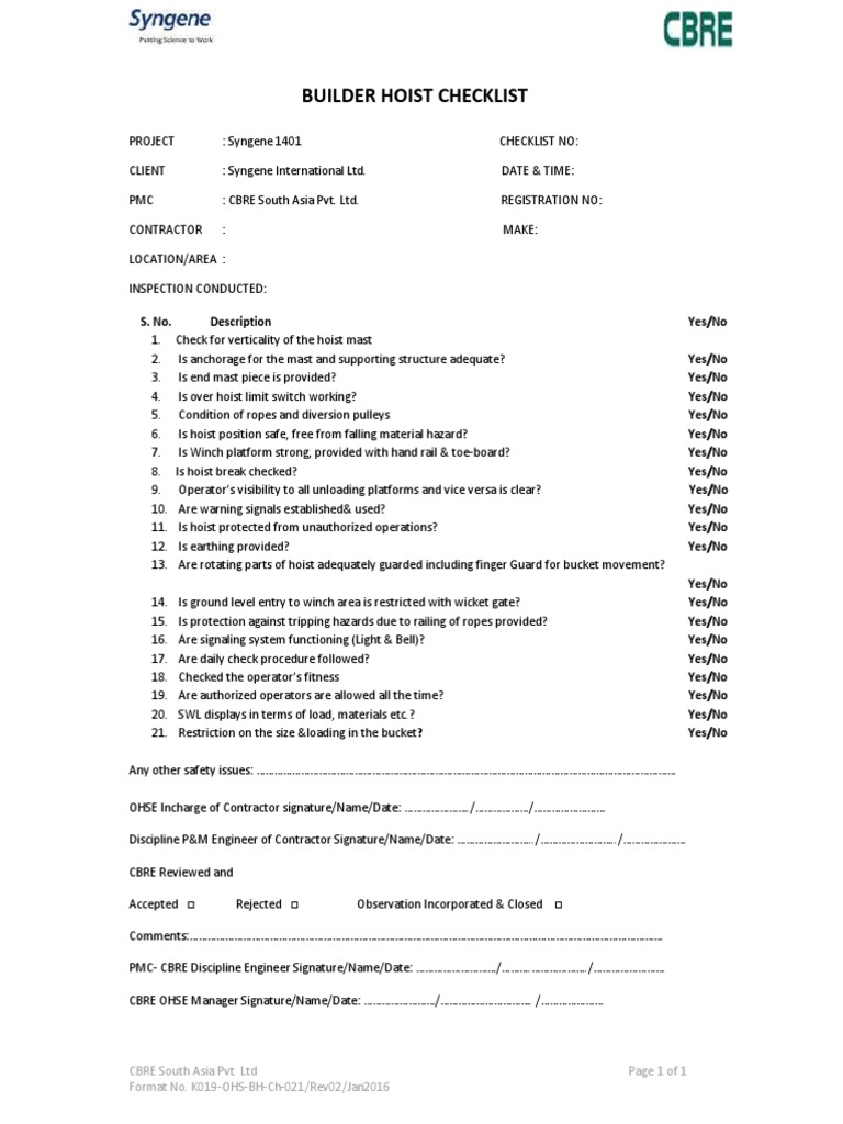 Builder Hoist Safety Checklist | PDF | Equipment | Manufactured Goods