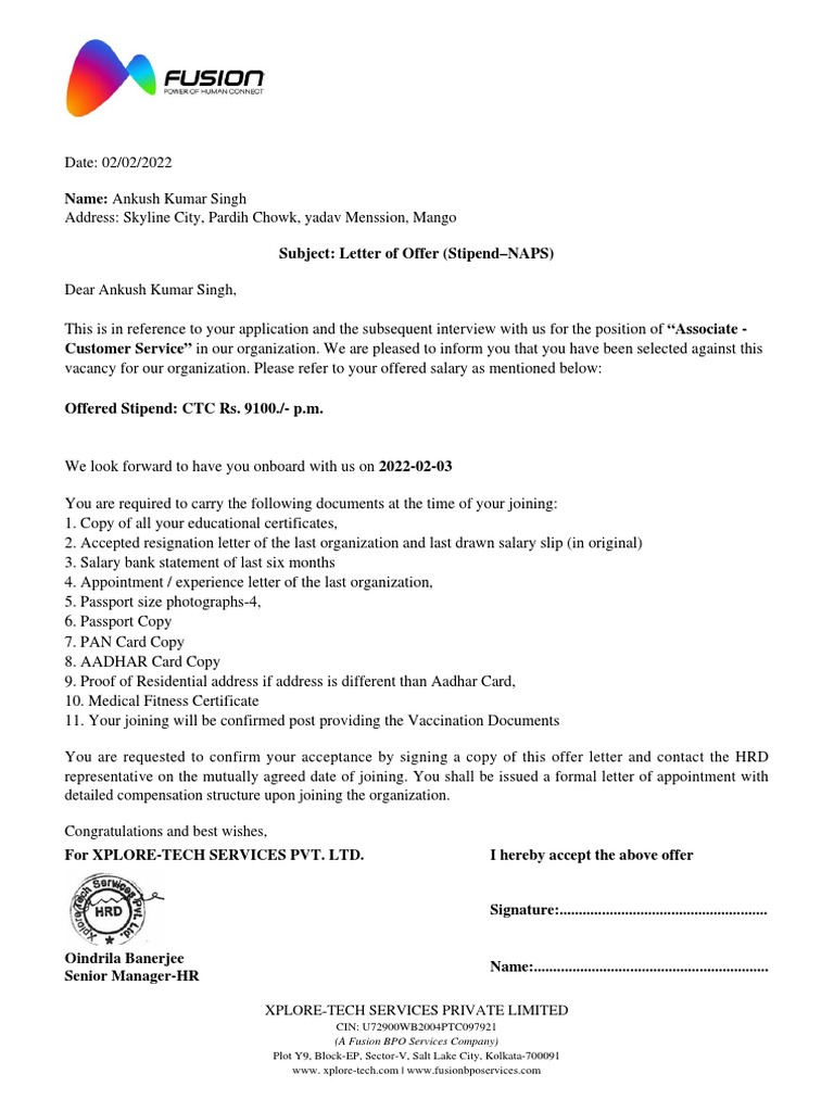 Ankush Kumar - Singh - Offer - Letter51630 | PDF