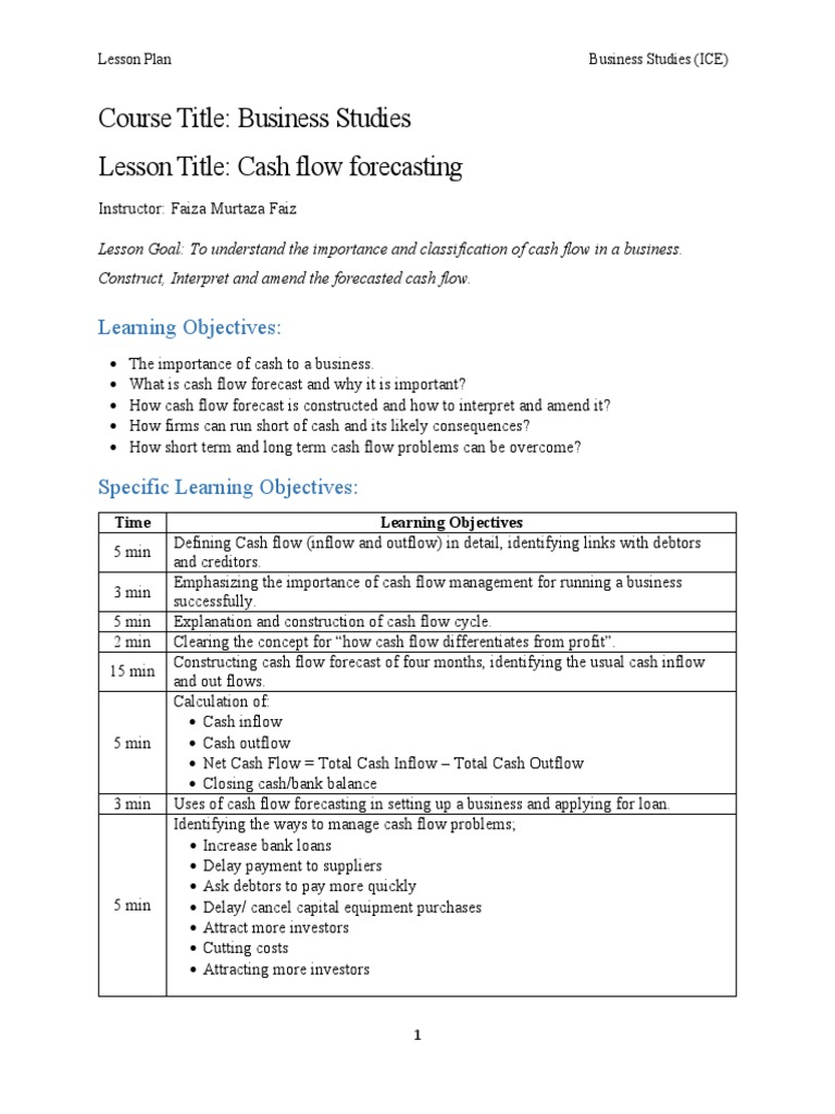 Cash Flow Forecasting Lesson Plan | PDF | Cash | Lesson Plan