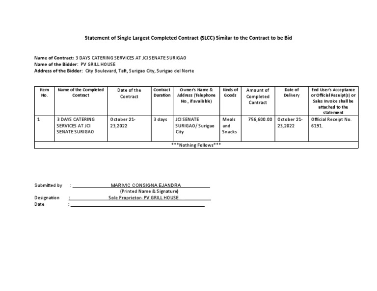 Statement of Single Largest Completed Contract | PDF