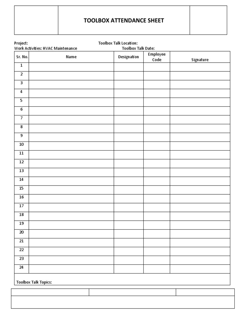 Toolbox Talk Attendance Sheet - Hvac | PDF