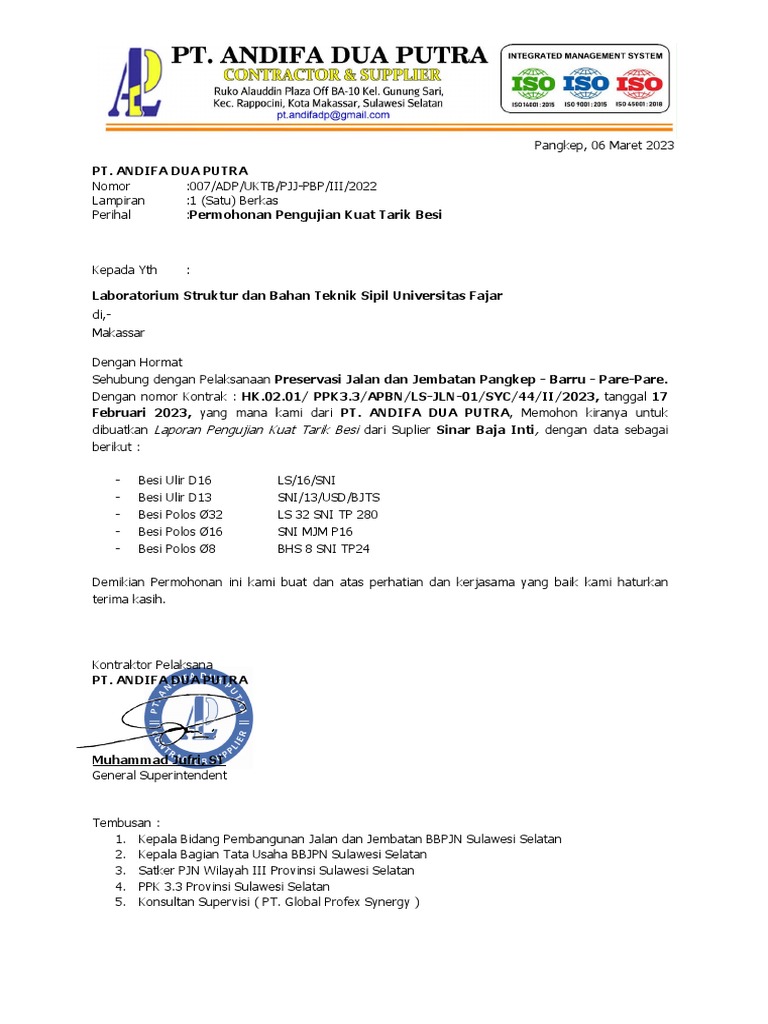 Unifa 007. Surat Pengujian Tarik Besi | PDF