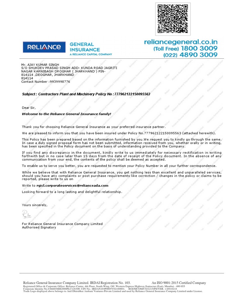 Policy Schedule for Mr. Ajay Kumar Singh's Contractors Plant and ...