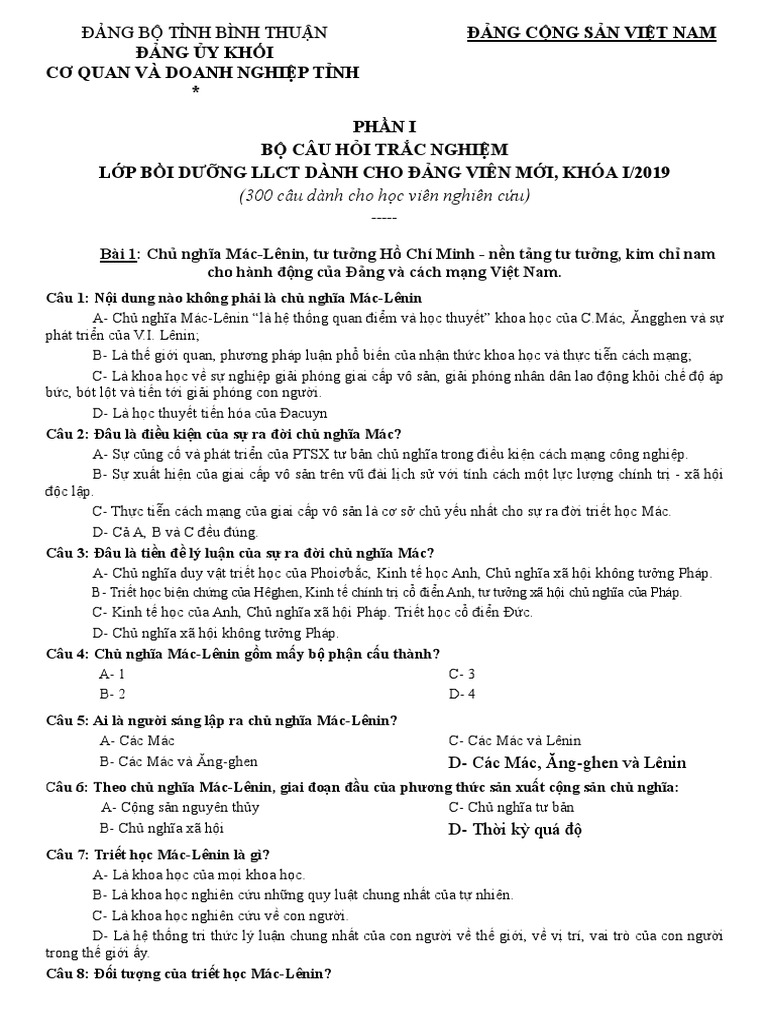 Bo Cau Hoi On Tap Lop Dang Vien Moi Khoa I-2019 | PDF