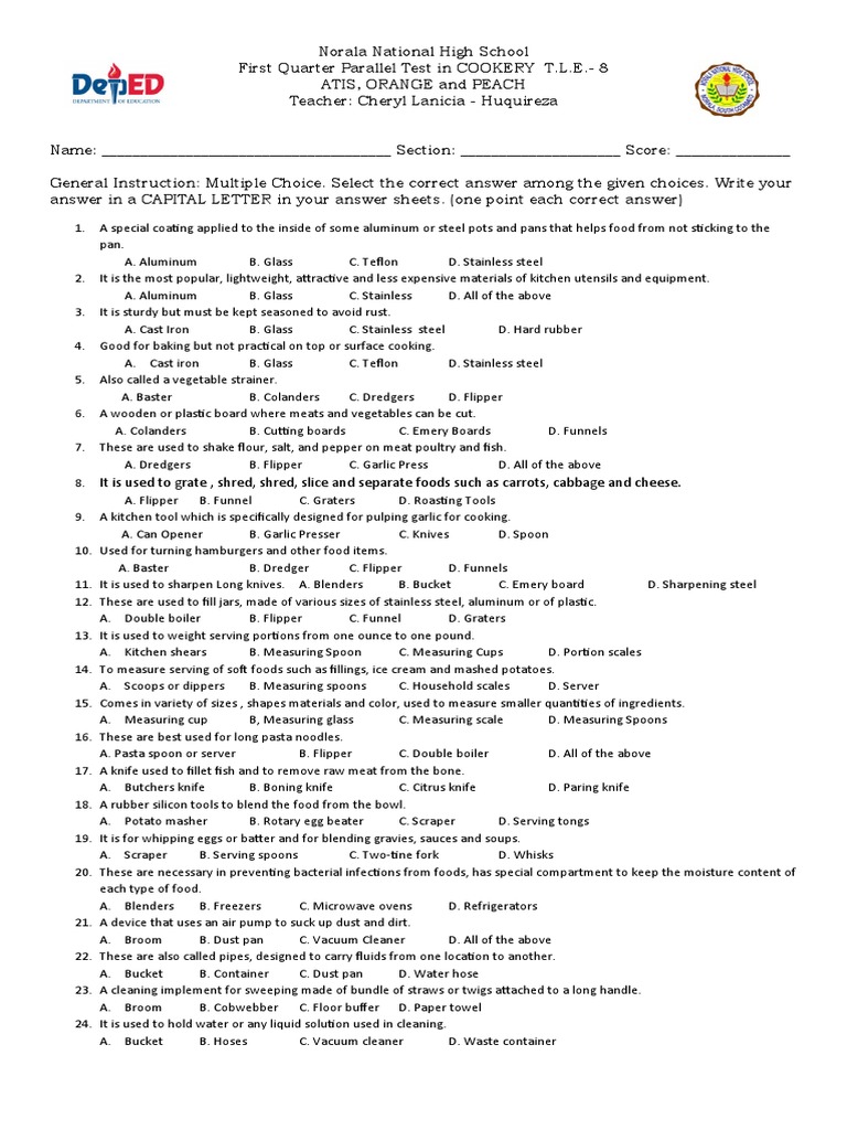 Cookery Grade 8 2021 22 Exam | PDF | Teaspoon | Cooking