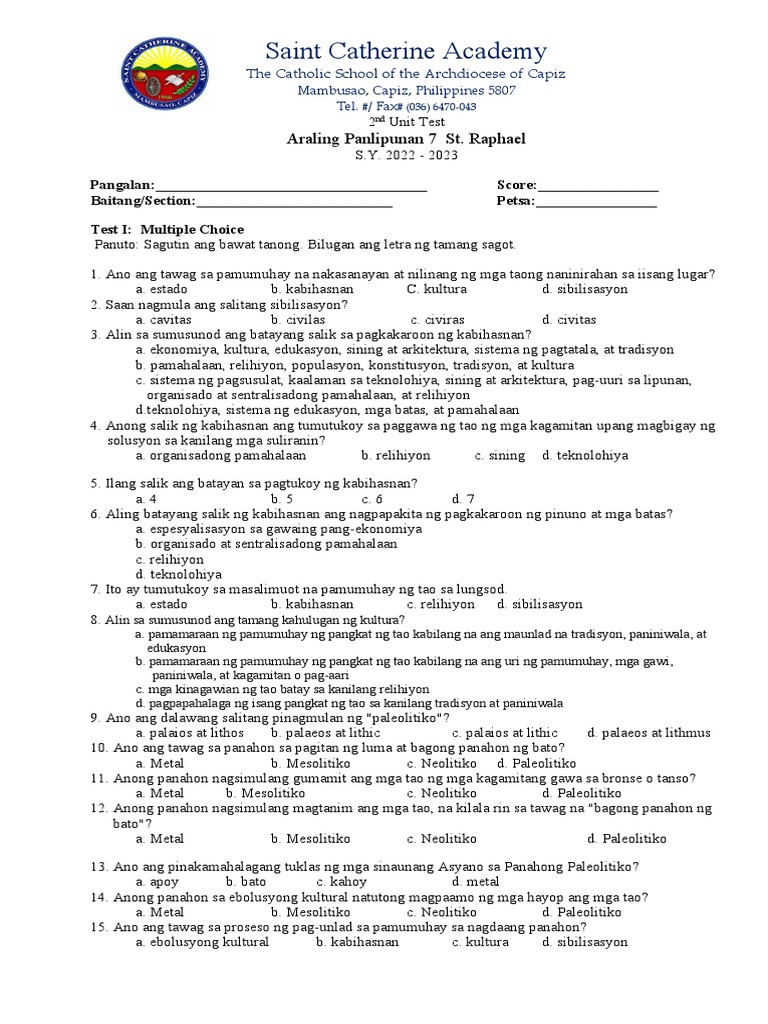 Exam 2nd Unit Test Grade 7 Pdf