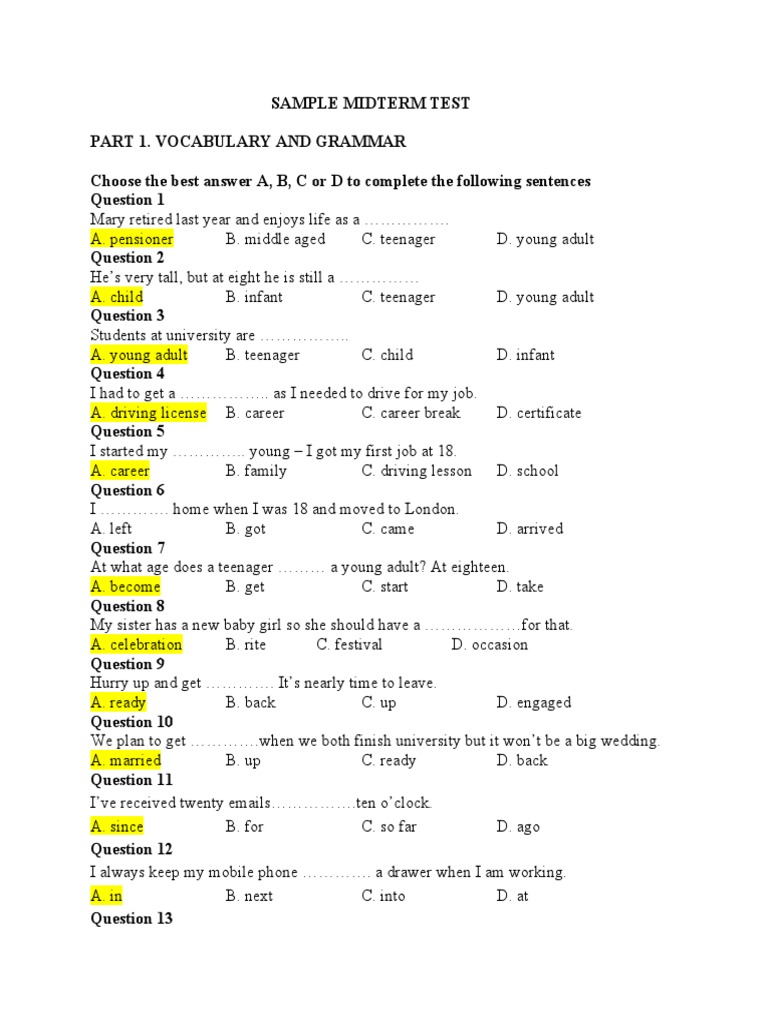 Midterm Test: Vocabulary & Comprehension | PDF