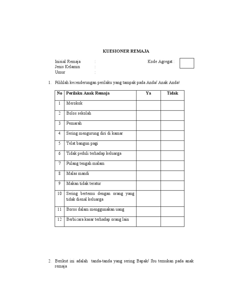 Kuesioner Remaja | PDF | Gaya Hidup