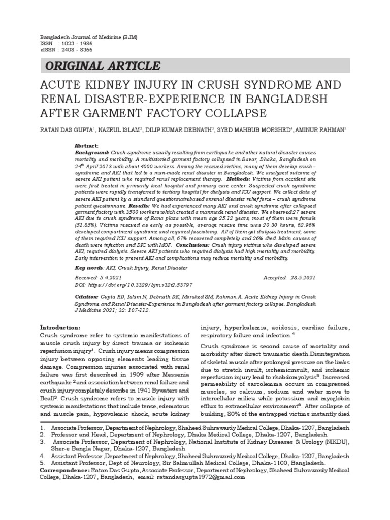 Acute Kidney Injury in Crush Syndrome and Renal Disaster-Experience in ...