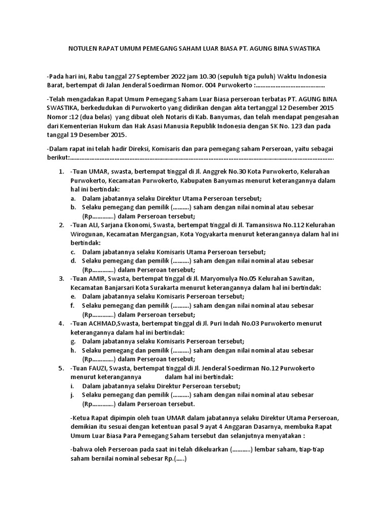 Notulen Rapat Umum Pemegang Saham Luar Biasa PT | PDF
