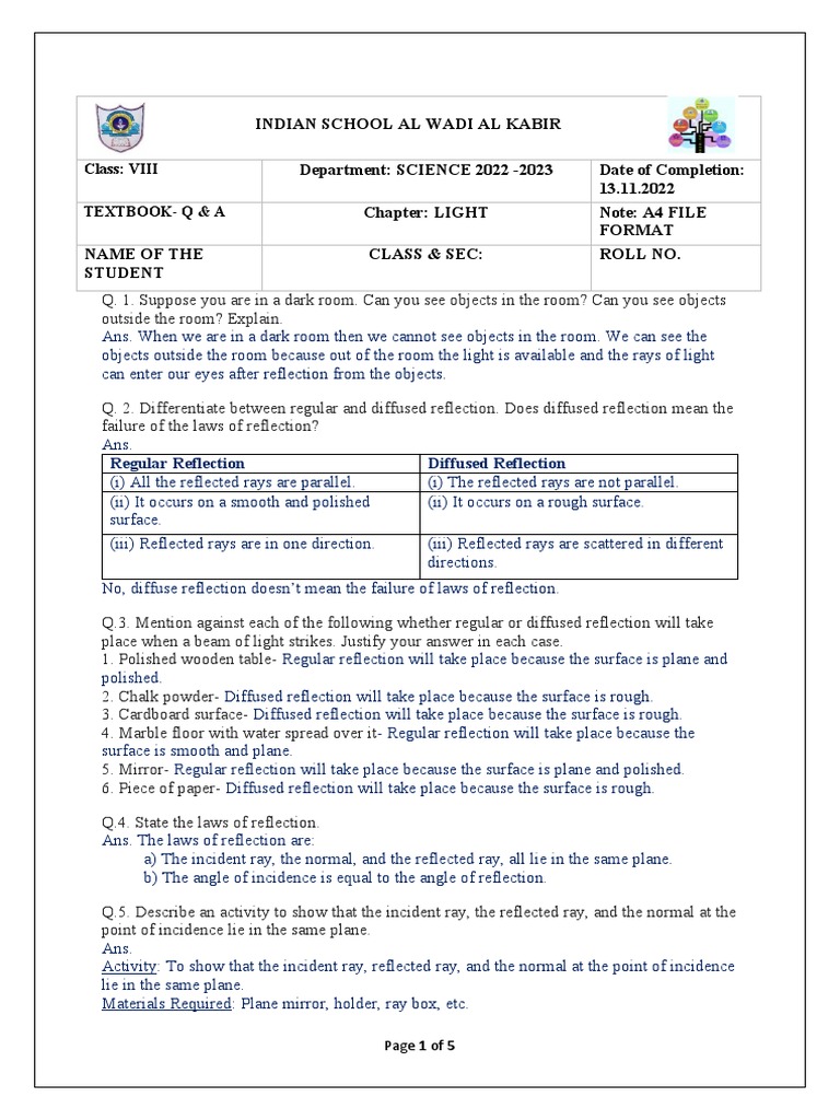 Indian Science Class Light Reflection Notes | PDF | Mirror | Reflection ...