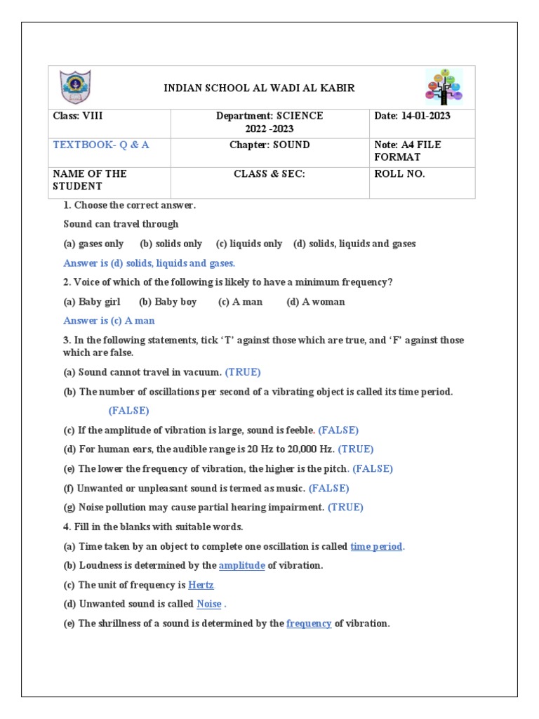 Class 8 Sound Worksheet and Answers | PDF | Sound | Frequency