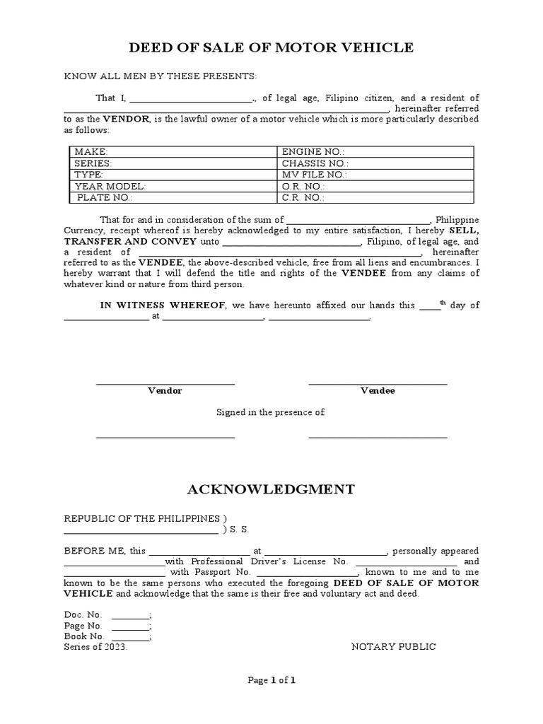 Motor Vehicle Deed of Sale Template | PDF