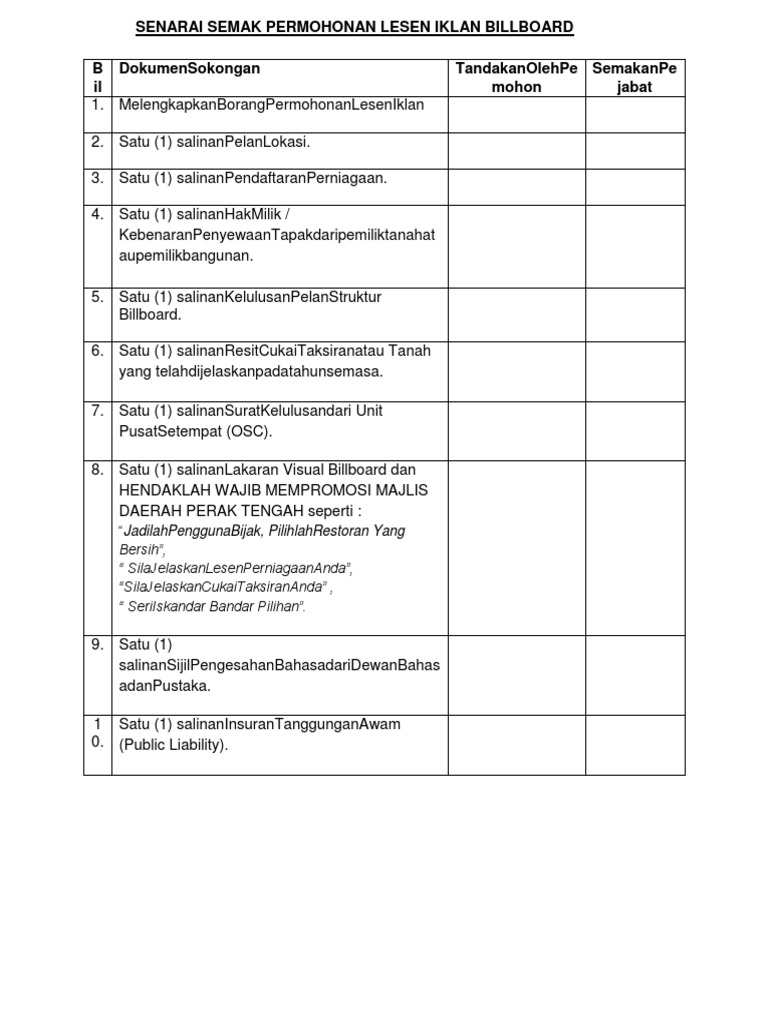 Senarai Semak Permohonan Lesen Iklan Billboard | PDF | Bisnis