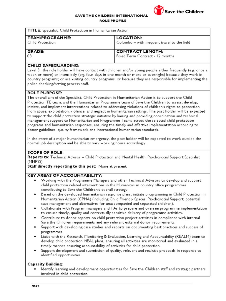 Child Protection Specialist Role Profile | PDF | Child Protection ...