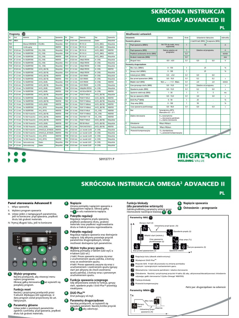 Skrócona Instrukcja Omega Advanced Ii: Programy Możliwości Ustawień | PDF