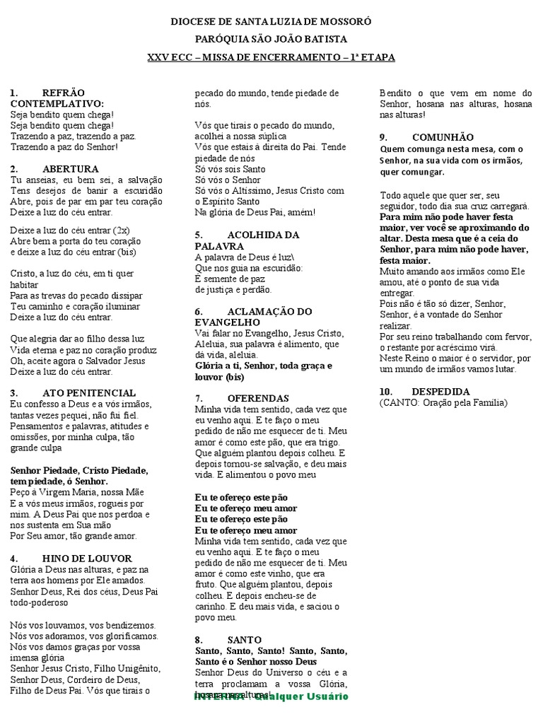 Folha de Canto - Missa de Encerramento 1410 | PDF | Jesus | Eucaristia Folha de Canto - Missa de Encerramento 1410 | PDF | Jesus | Eucaristia