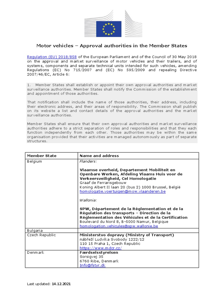 2018-858 - Approval Authorities Motor Vehicles | PDF | European Union | European Economic Area