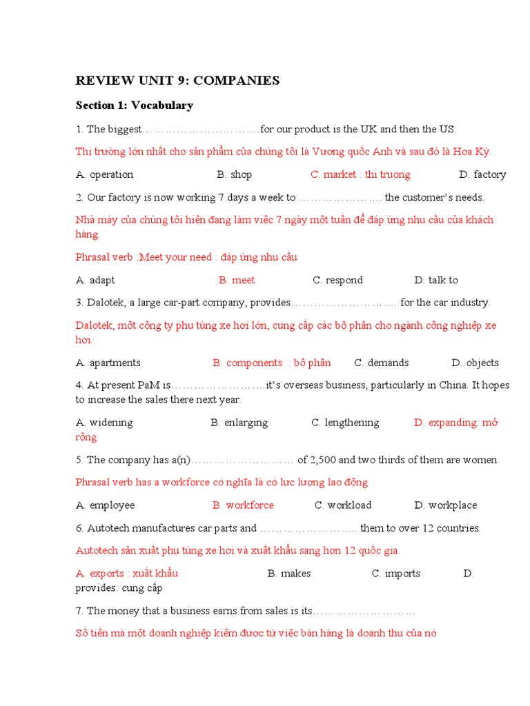 Review Unit 9: Companies: Section 1: Vocabulary | PDF