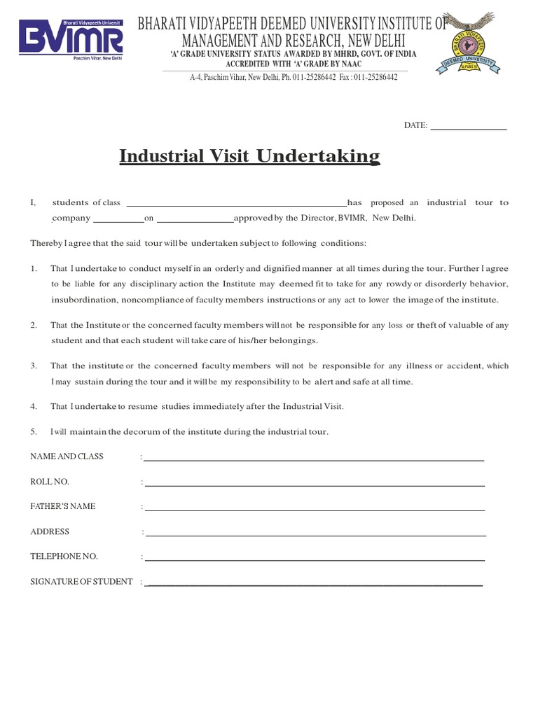 Industrial Visit Undertaking Form | PDF