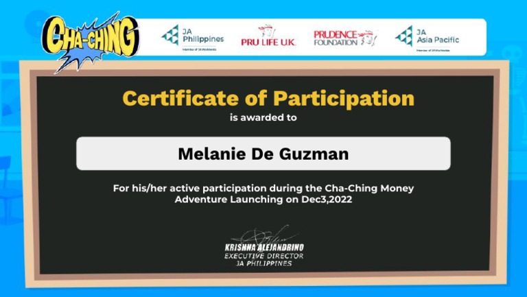 Cha-Ching Money Adventure Launch E-Certificate | PDF