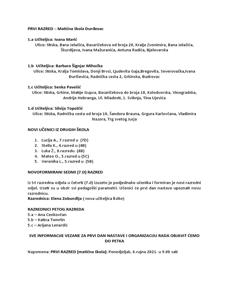 Novi Razredni Odjeli Novi Ucenici 2021 2022 1 | PDF Novi Razredni Odjeli Novi Ucenici 2021 2022 1 | PDF