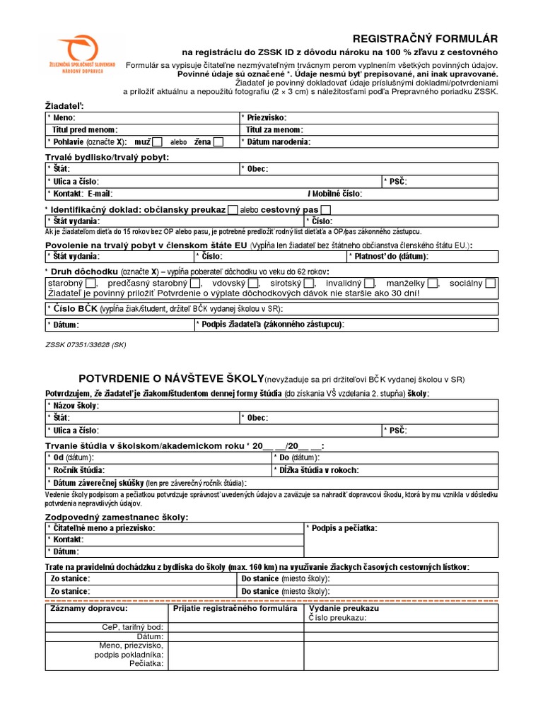 Registracny Formular ZSSK Na CL100 07351 33628 SK Od 2023 01 01 | PDF